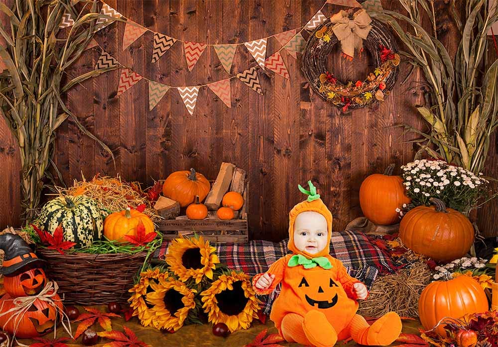 Funnytree 7x5ft Fall Thanksgiving Photography Backdrop Rustic Wooden Floor Barn Harvest Background Autumn Pumpkins Maple Leaves Sunflower Baby Portrait Party Decoration Photo Studio Booth Props