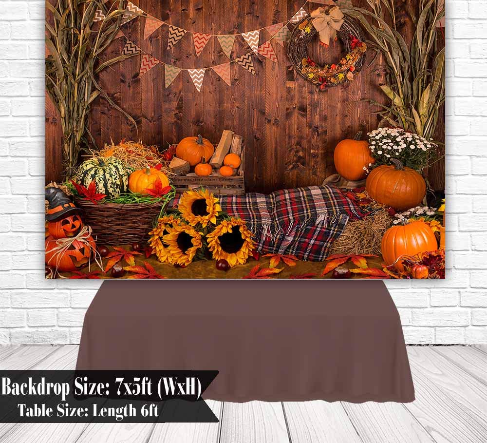 Funnytree 7x5ft Fall Thanksgiving Photography Backdrop Rustic Wooden Floor Barn Harvest Background Autumn Pumpkins Maple Leaves Sunflower Baby Portrait Party Decoration Photo Studio Booth Props