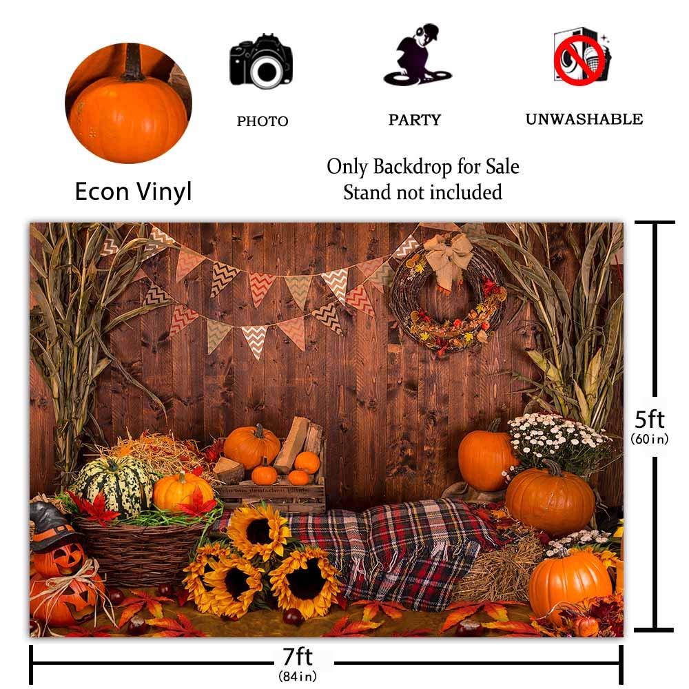 Funnytree 7x5ft Fall Thanksgiving Photography Backdrop Rustic Wooden Floor Barn Harvest Background Autumn Pumpkins Maple Leaves Sunflower Baby Portrait Party Decoration Photo Studio Booth Props