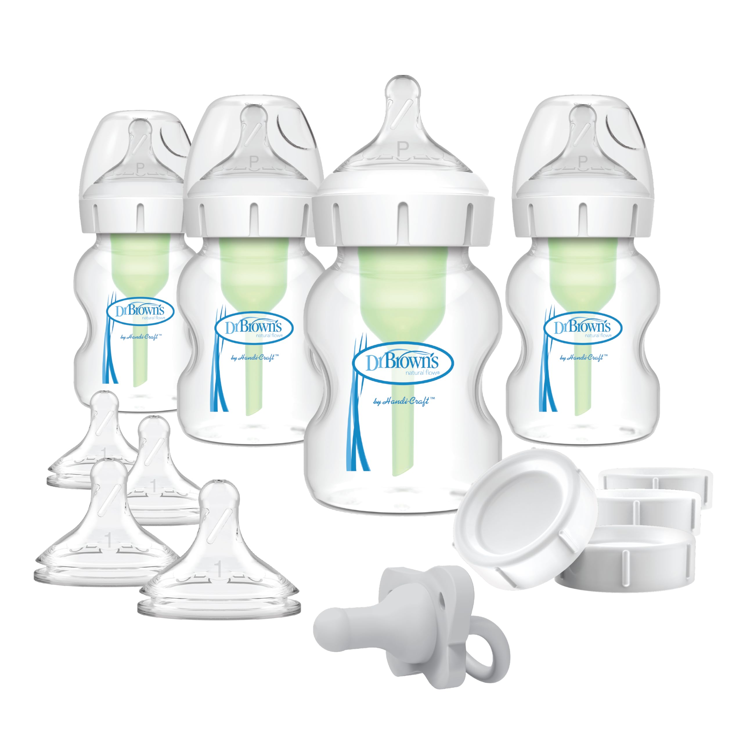 Dr. Brown's Anti-Colic Wide-Neck Feeding Set with Slow Flow Nipples, Travel Caps & Silicone Pacifier