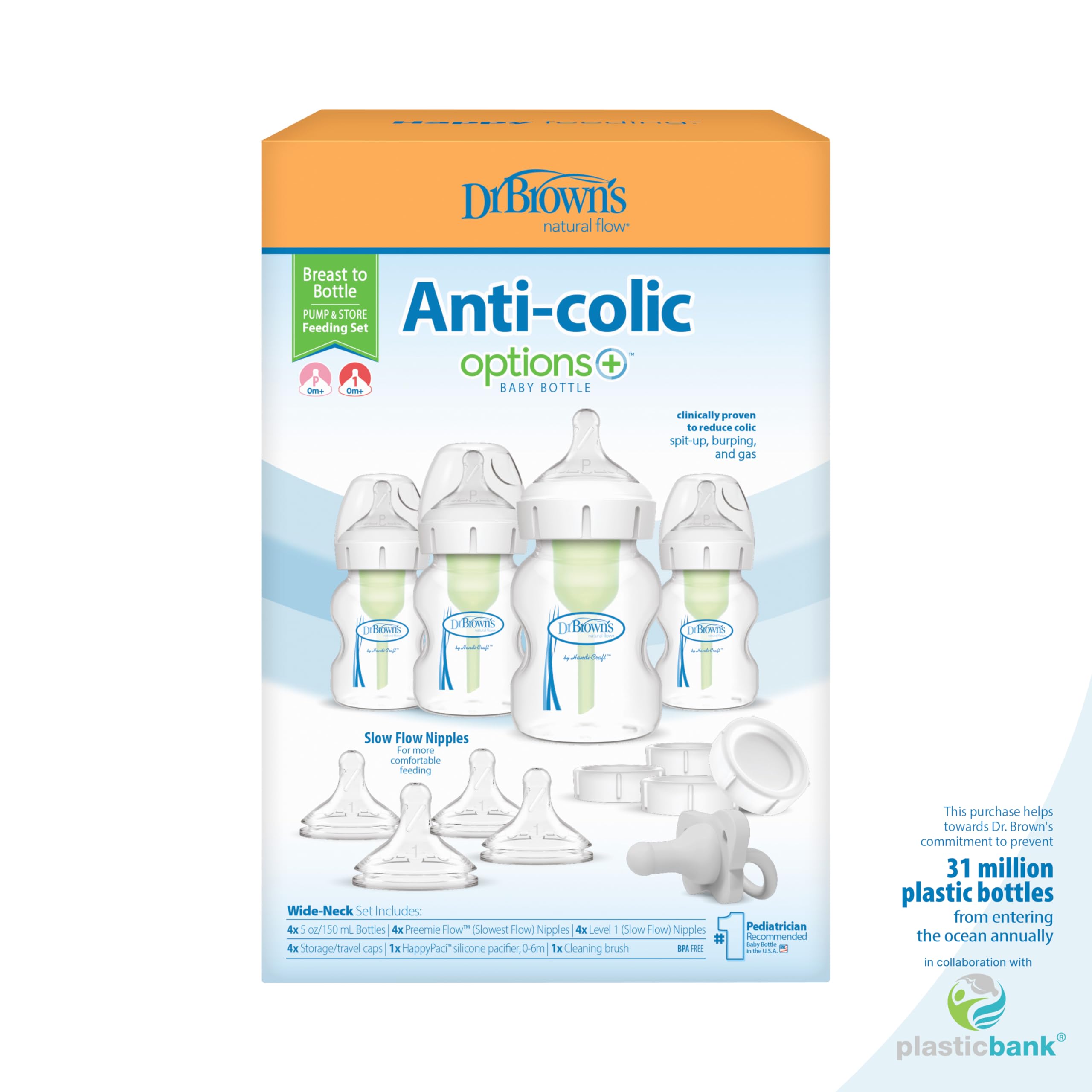 Dr. Brown's Anti-Colic Wide-Neck Feeding Set with Slow Flow Nipples, Travel Caps & Silicone Pacifier