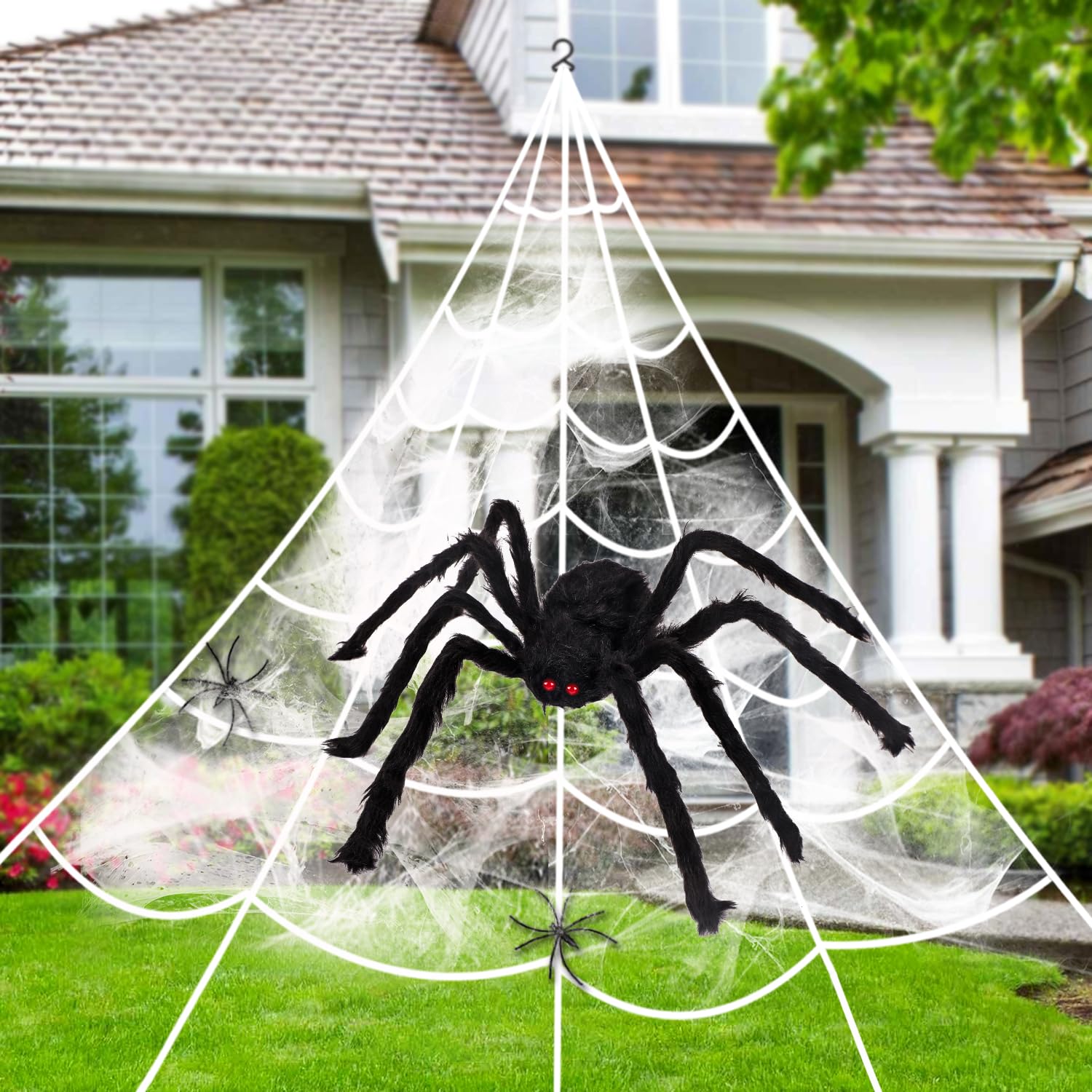 Halloween Decorations Spider Web Triangular Mega Outdoor Graveyard Decor Stretch Cobweb Set Scary Props Shooter with Black Spider