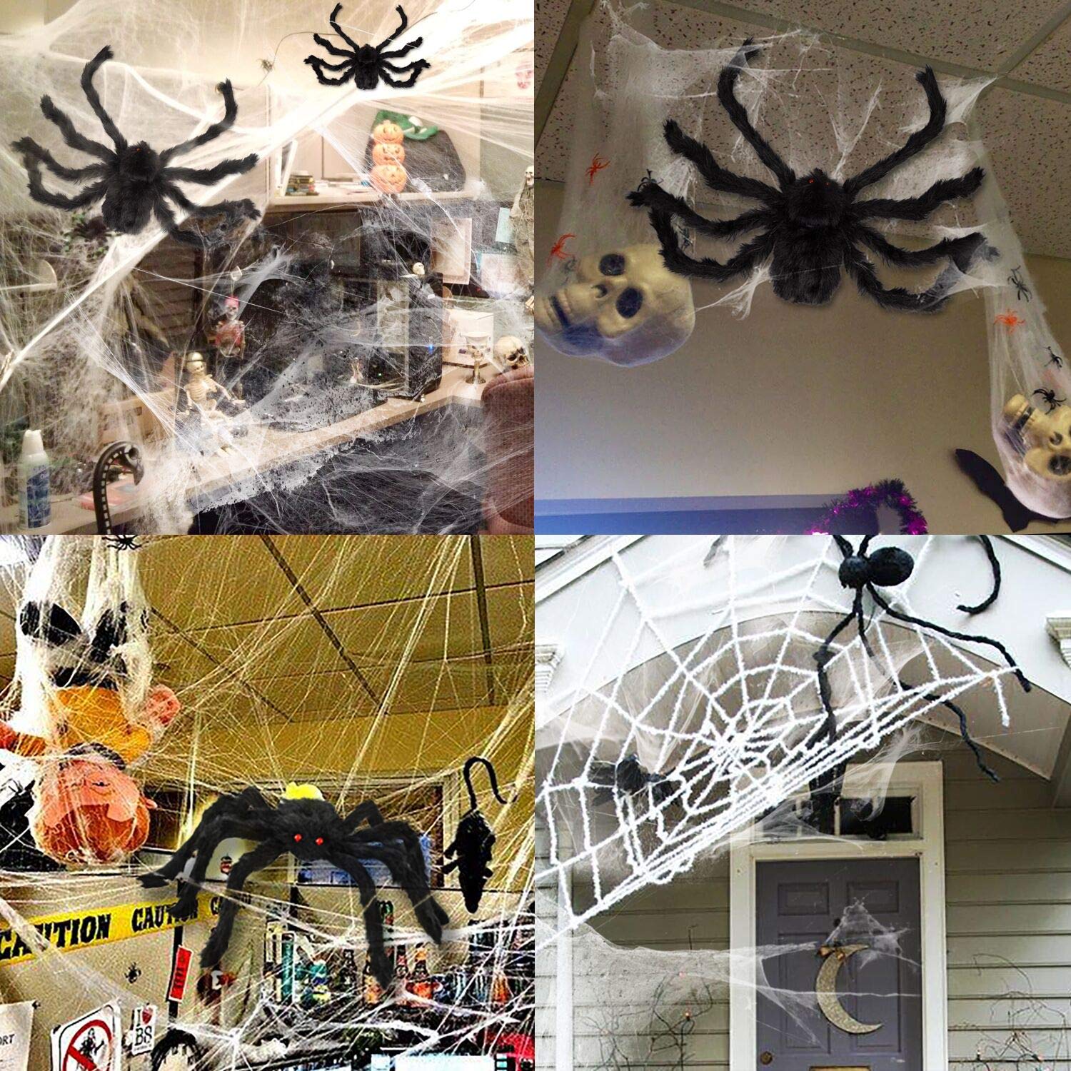 Halloween Decorations Spider Web Triangular Mega Outdoor Graveyard Decor Stretch Cobweb Set Scary Props Shooter with Black Spider