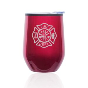 stemless wine tumbler coffee travel mug glass with lid fire department maltese cross (fuchsia)