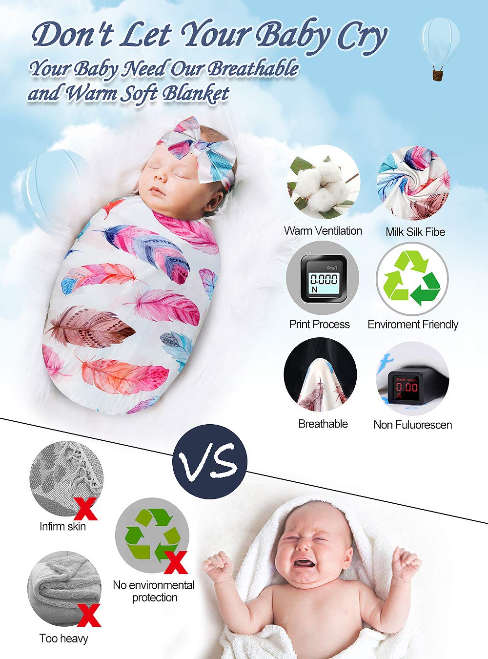 Newborn Receiving Blanket Headband Set - Unisex Soft Baby Swaddle Girl Boy Gifts