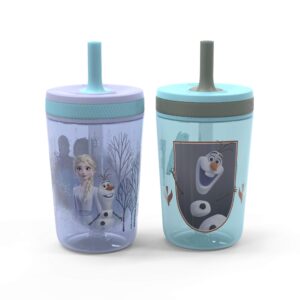 zak designs disney frozen ii movie kelso tumbler set, leak-proof screw-on lid with straw, made of durable plastic and silicone, perfect bundle for kids (frozen 2 olaf, 15 oz, bpa-free, 2pc set)