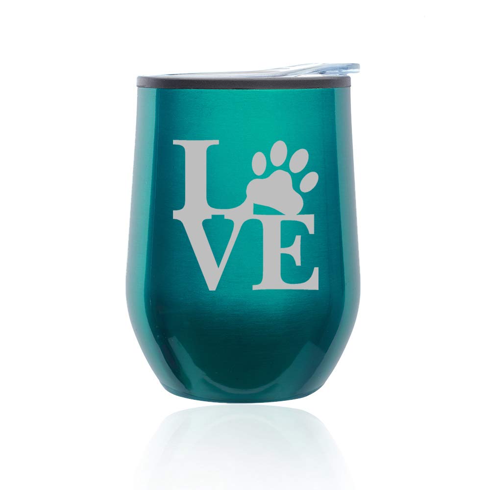 Stemless Wine Tumbler Coffee Travel Mug Glass With Lid Love Paw Print (Turquoise Teal)