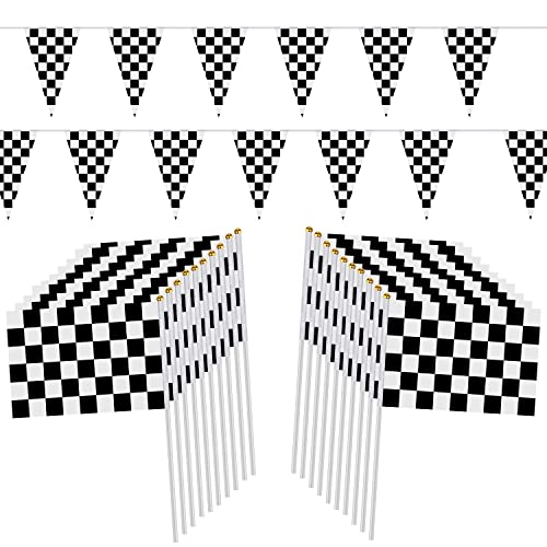 98ft Checkered Black & White Pennant Banner Racing Flags and 20Pcs 11.8 Inch Racing Flags with Plastic Sticks for Racing Party Supplies by HRLORKC