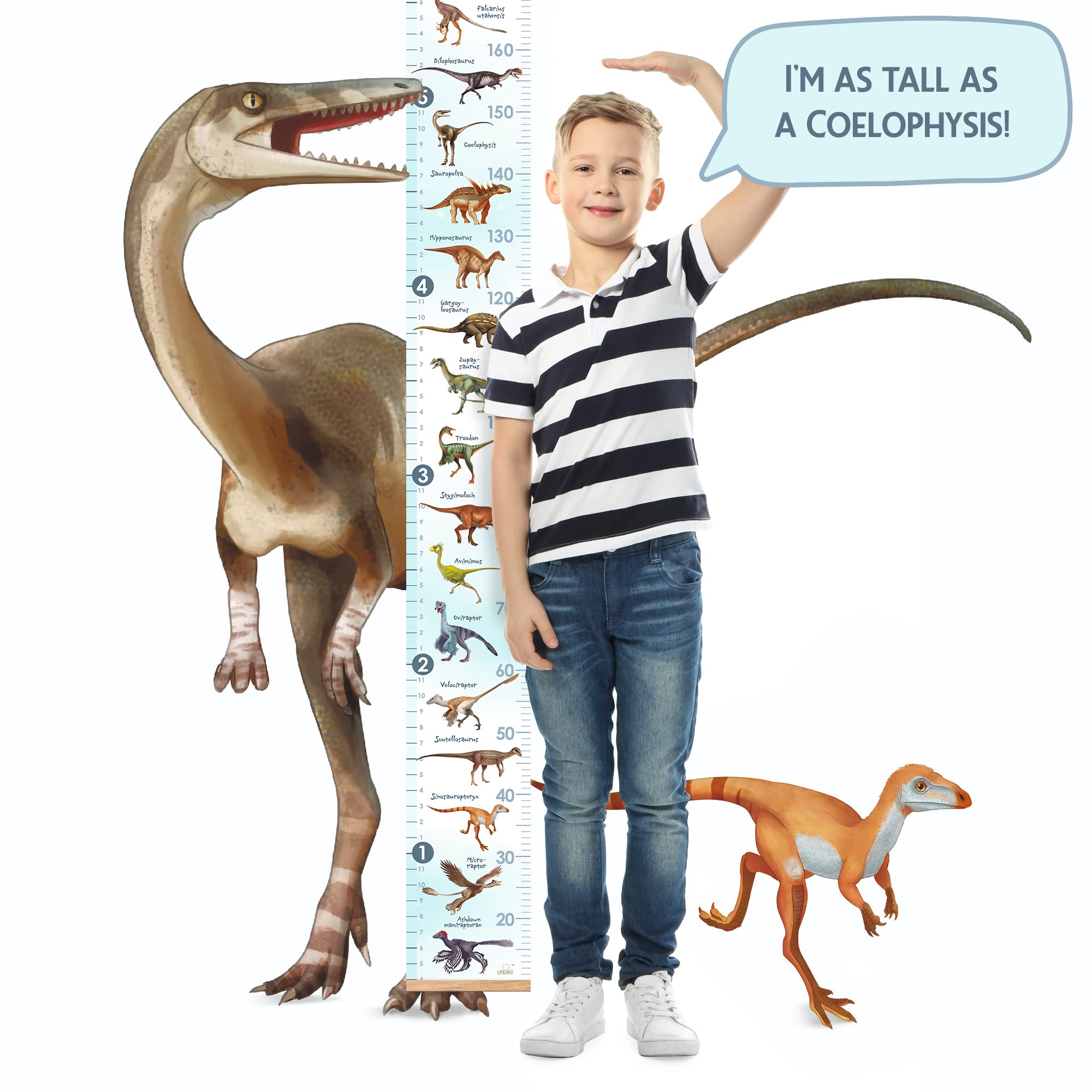 LIFELIKO Personalised Growth Chart for Dinosaur Lovers, Removable Wall Ruler for Boys and Girls, Kid’s Room Decoration (Blue)