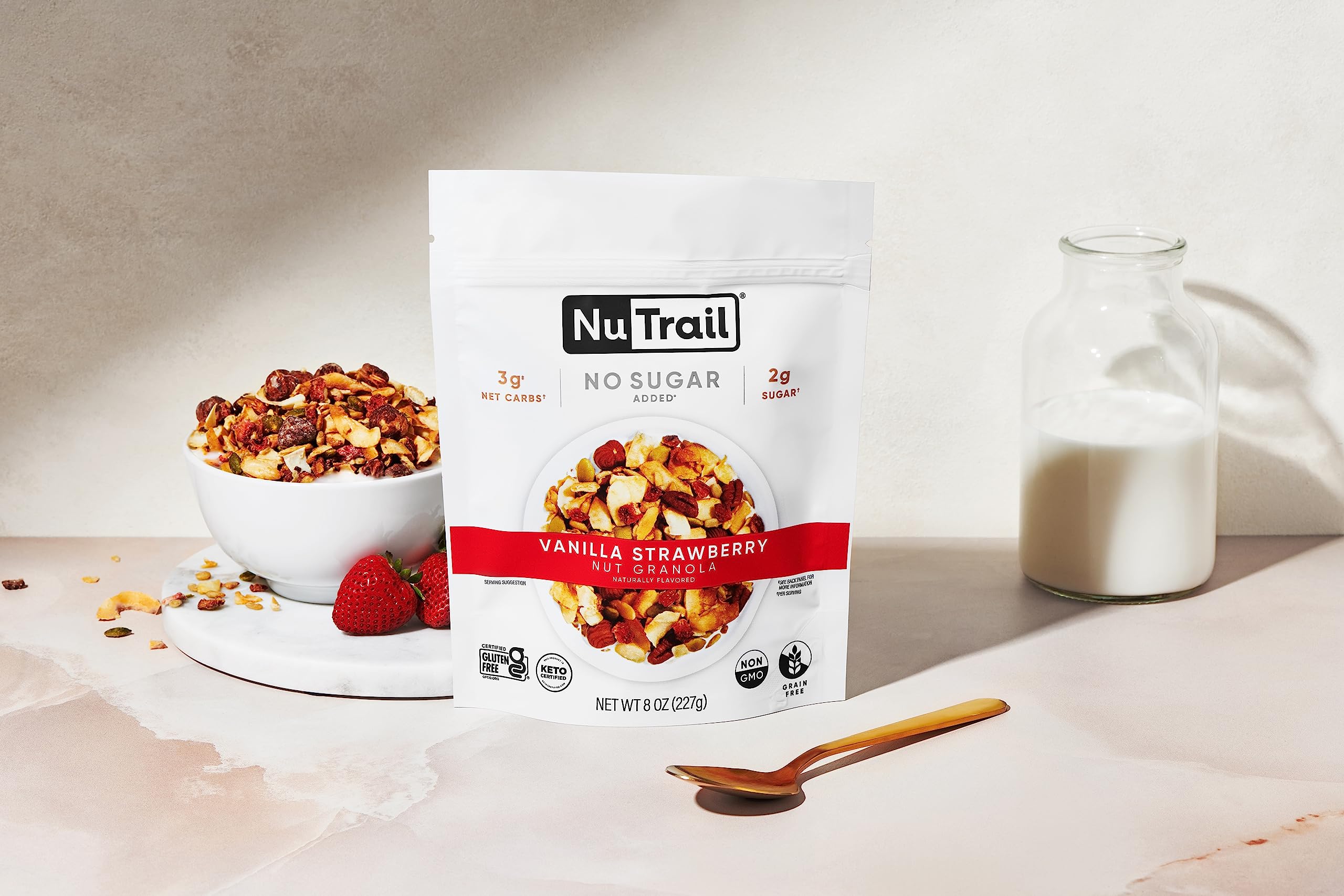 NuTrail Nut Granola Cereal, Vanilla Strawberry, No Sugar Added, Keto, Low Carb, Gluten Free, Grain Free, Healthy Breakfast 8 oz. 1 Count