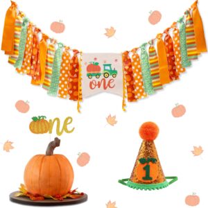 vansolinne little pumpkin first birthday highchair banner decorations, fall harvest birthday highchair banner cake smash cone hat decorations set for baby boy girl 1st birthday party supplies, 3 in 1