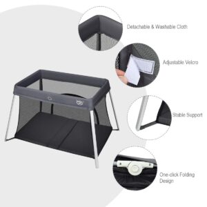 BABY JOY Baby Foldable Travel Crib, 2 in 1 Portable Playpen with Soft Washable Mattress, Side Zipper Design, Lightweight Installation-Free Home Playard with Carry Bag, for Infants & Toddlers (Grey)