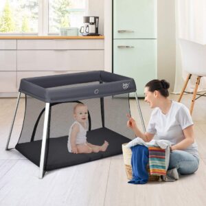 BABY JOY Baby Foldable Travel Crib, 2 in 1 Portable Playpen with Soft Washable Mattress, Side Zipper Design, Lightweight Installation-Free Home Playard with Carry Bag, for Infants & Toddlers (Grey)