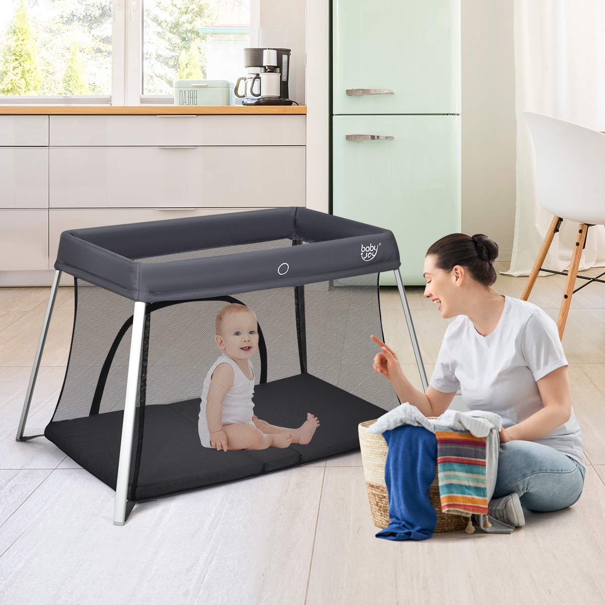 BABY JOY Baby Foldable Travel Crib, 2 in 1 Portable Playpen with Soft Washable Mattress, Side Zipper Design, Lightweight Installation-Free Home Playard with Carry Bag, for Infants & Toddlers (Grey)