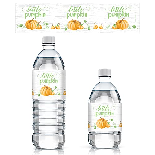 Orange Little Pumpkin Baby Shower Water Bottle Labels - Autumn Waterproof Bottle Wrappers - 24 Count - Fall Unisex Pumpkin Patch Theme