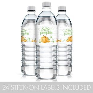 Orange Little Pumpkin Baby Shower Water Bottle Labels - Autumn Waterproof Bottle Wrappers - 24 Count - Fall Unisex Pumpkin Patch Theme