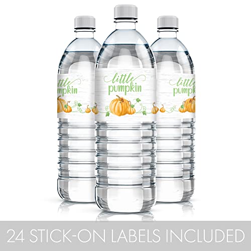 Orange Little Pumpkin Baby Shower Water Bottle Labels - Autumn Waterproof Bottle Wrappers - 24 Count - Fall Unisex Pumpkin Patch Theme