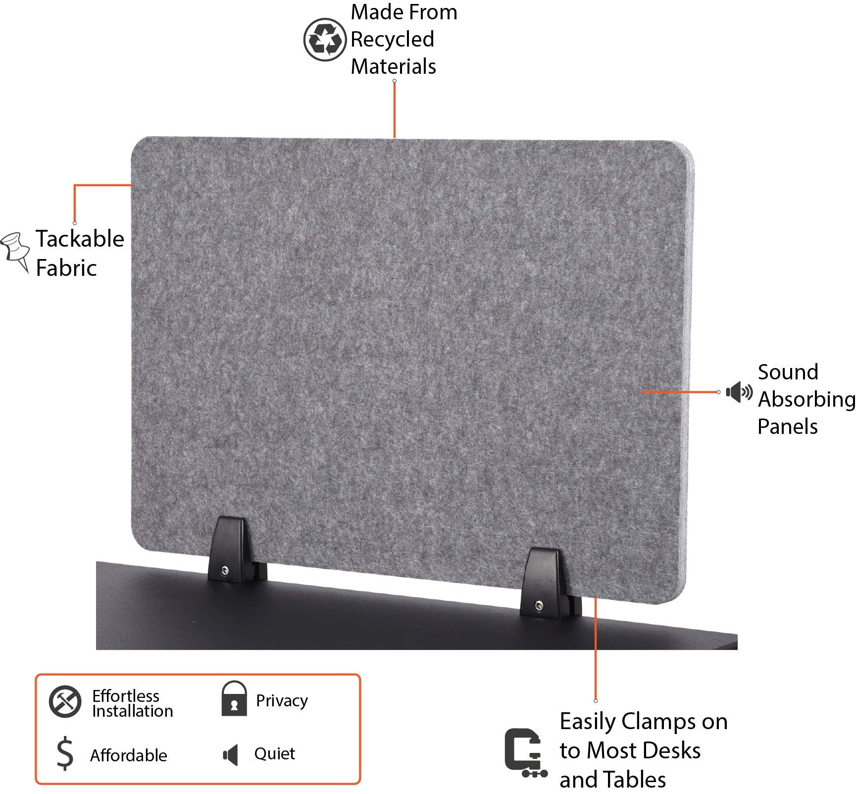 Stand Up Desk Store ReFocus Raw Clamp-On Acoustic Desk Divider Mounted Privacy Panel to Reduce Noise and Visual Distractions (Castle Gray, 23.6" x 16")