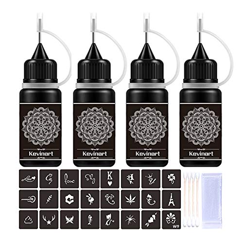 Temporary Tattoos Kit Black Tattoo Kit 4 Bottles 1 Oz Temp Tattoo Kit Semi Permanent Freehand Ink/Gel with 60 Adhesive Stencils for Women Men Kids Boys Body Art Painting Decor Supplies