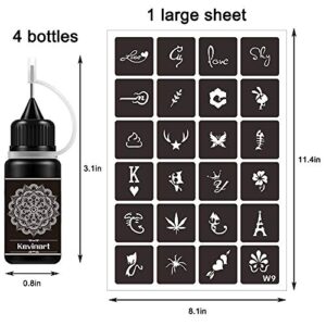 Temporary Tattoos Kit Black Tattoo Kit 4 Bottles 1 Oz Temp Tattoo Kit Semi Permanent Freehand Ink/Gel with 60 Adhesive Stencils for Women Men Kids Boys Body Art Painting Decor Supplies