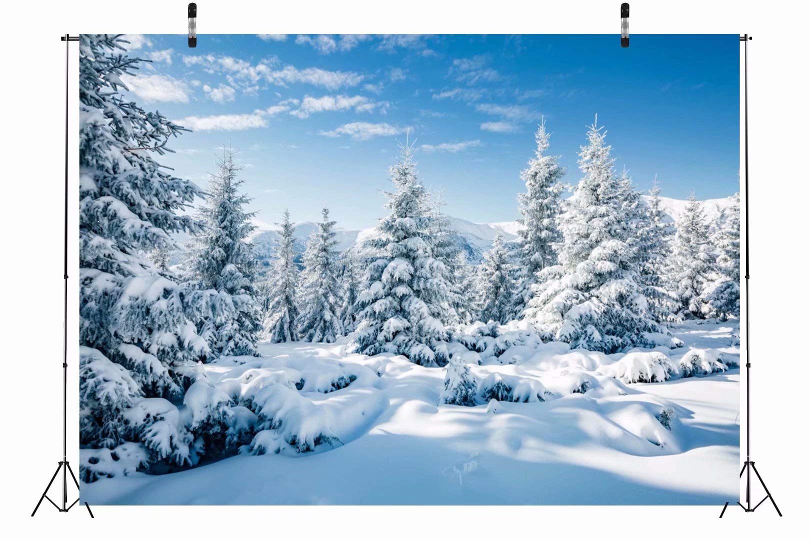 BELECO 7x5ft Fabric Winter Snow Forest Backdrop White Xmas Trees Wintry Scene Alps Photography Background for Christmas New Year Event Party Decorations Banner Holiday Photo Background Photo Props