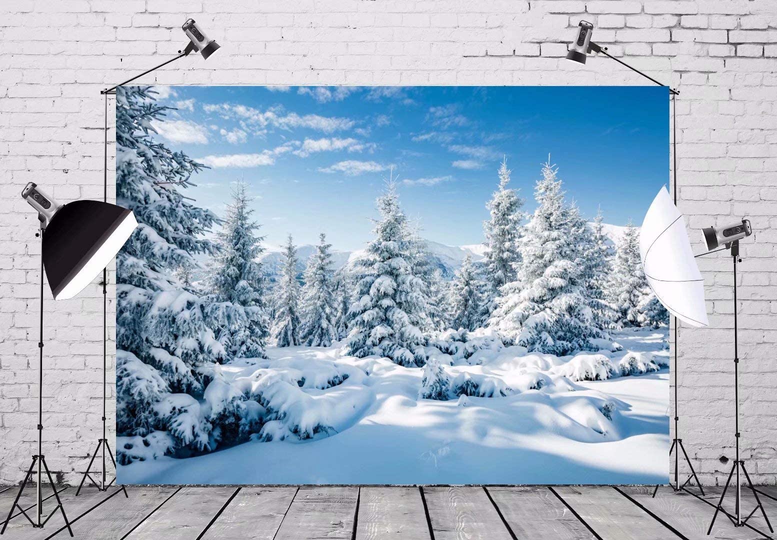 BELECO 7x5ft Fabric Winter Snow Forest Backdrop White Xmas Trees Wintry Scene Alps Photography Background for Christmas New Year Event Party Decorations Banner Holiday Photo Background Photo Props