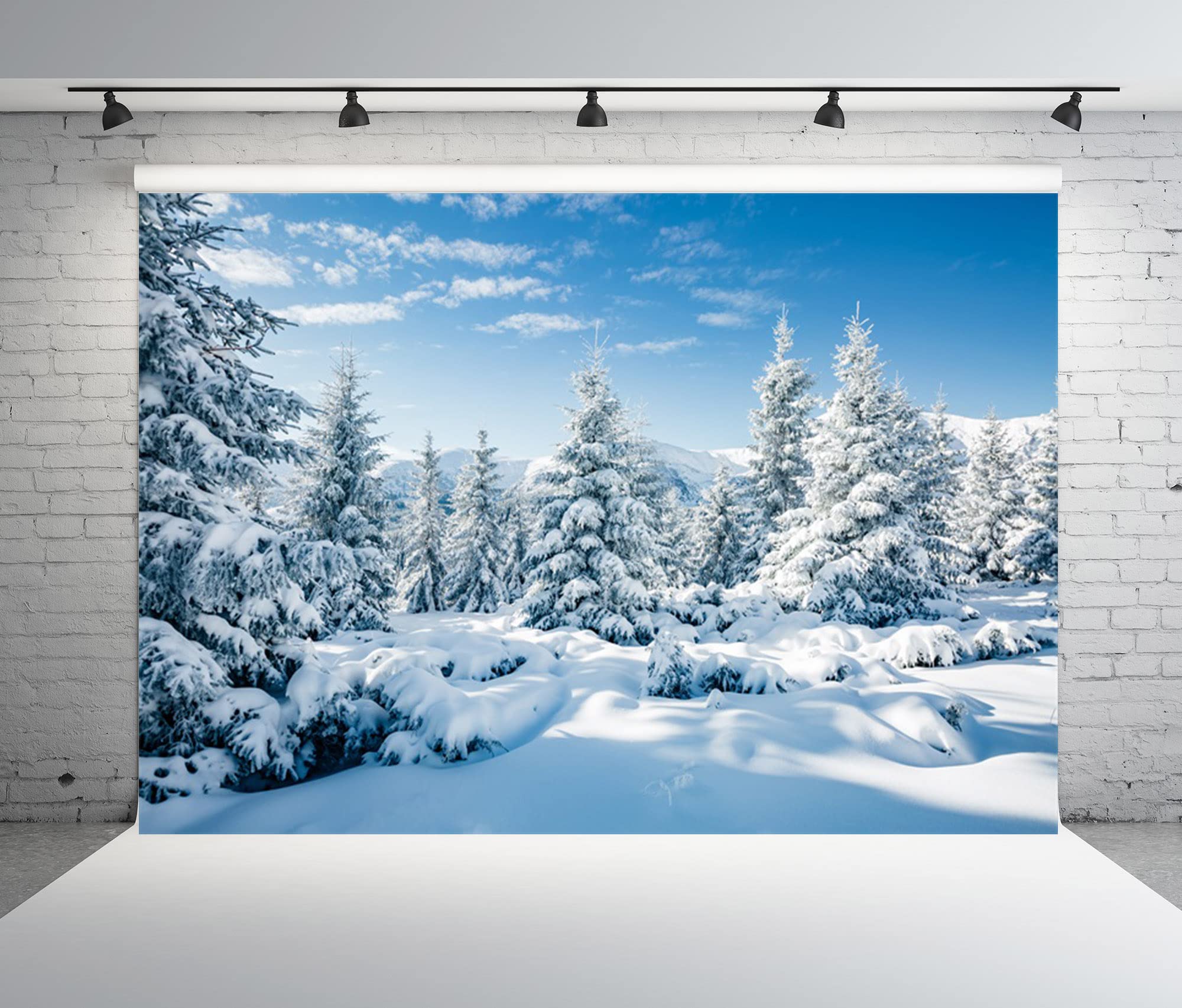 BELECO 7x5ft Fabric Winter Snow Forest Backdrop White Xmas Trees Wintry Scene Alps Photography Background for Christmas New Year Event Party Decorations Banner Holiday Photo Background Photo Props