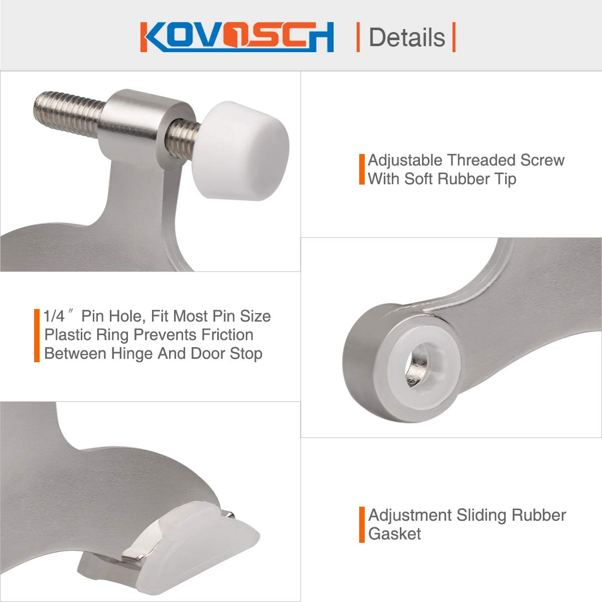 KOVOSCH 6 Pack Hinge Pin Door Stopper Brushed Satin Nickel - Adjustable Heavy Duty Hinge Pin Door Stops with White Rubber Bumper Tips