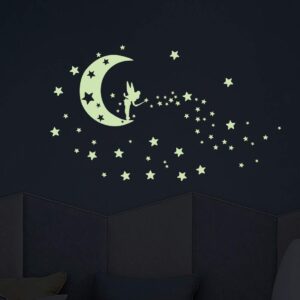 Moon Glow in The Dark Wall Stickers, Benbo Fairytale Fairy and Stars Vinyl Luminous Wall Decals for Nursery Kid's Room DIY Home Decor Mural Decoration