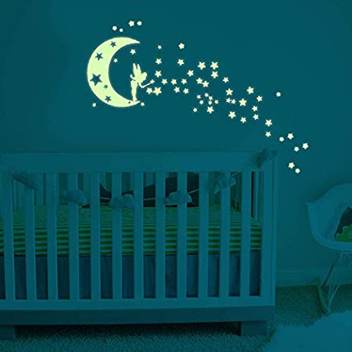 Moon Glow in The Dark Wall Stickers, Benbo Fairytale Fairy and Stars Vinyl Luminous Wall Decals for Nursery Kid's Room DIY Home Decor Mural Decoration