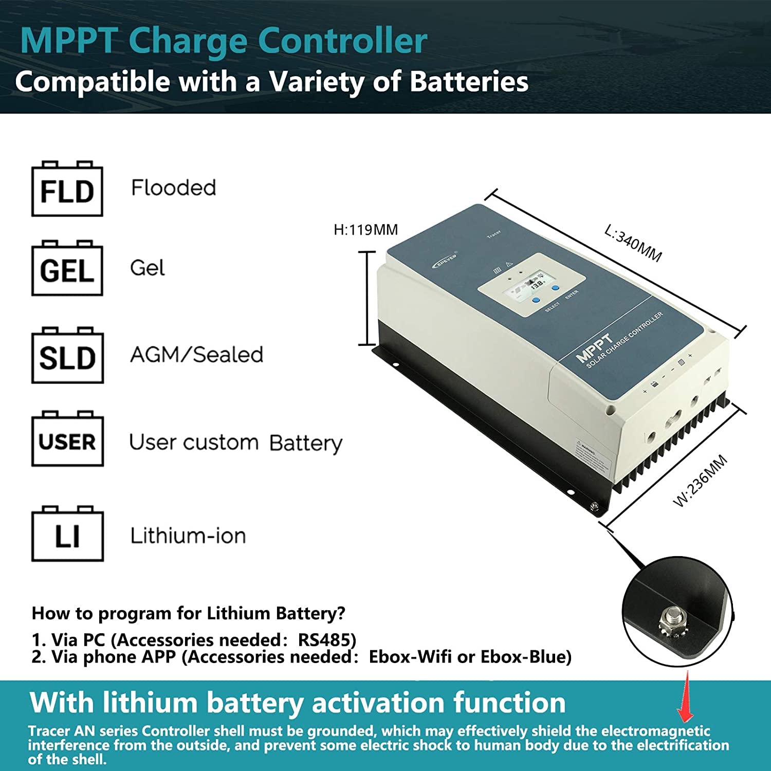 EPEVER Tracer 60A MPPT Solar Charge Controller 150V Max PV for Lithium LiFePO4, AGM, Lead Acid & More