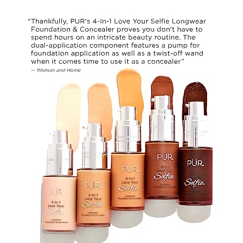 PÜR Beauty 4-in-1 Love Your Selfie Longwear Foundation & Concealer, Full Coverage Liquid Foundation, Hydrating Formula, Cruelty Free, TN3