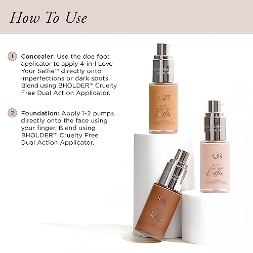 PÜR Beauty 4-in-1 Love Your Selfie Longwear Foundation & Concealer, Full Coverage Liquid Foundation, Hydrating Formula, Cruelty Free, TN3