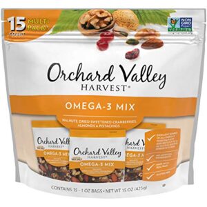 orchard valley harvest omega-3 mix, 1 ounce bags (pack of 15), walnuts, cranberries, almonds, and pistachios, gluten free, non-gmo, no artificial ingredients