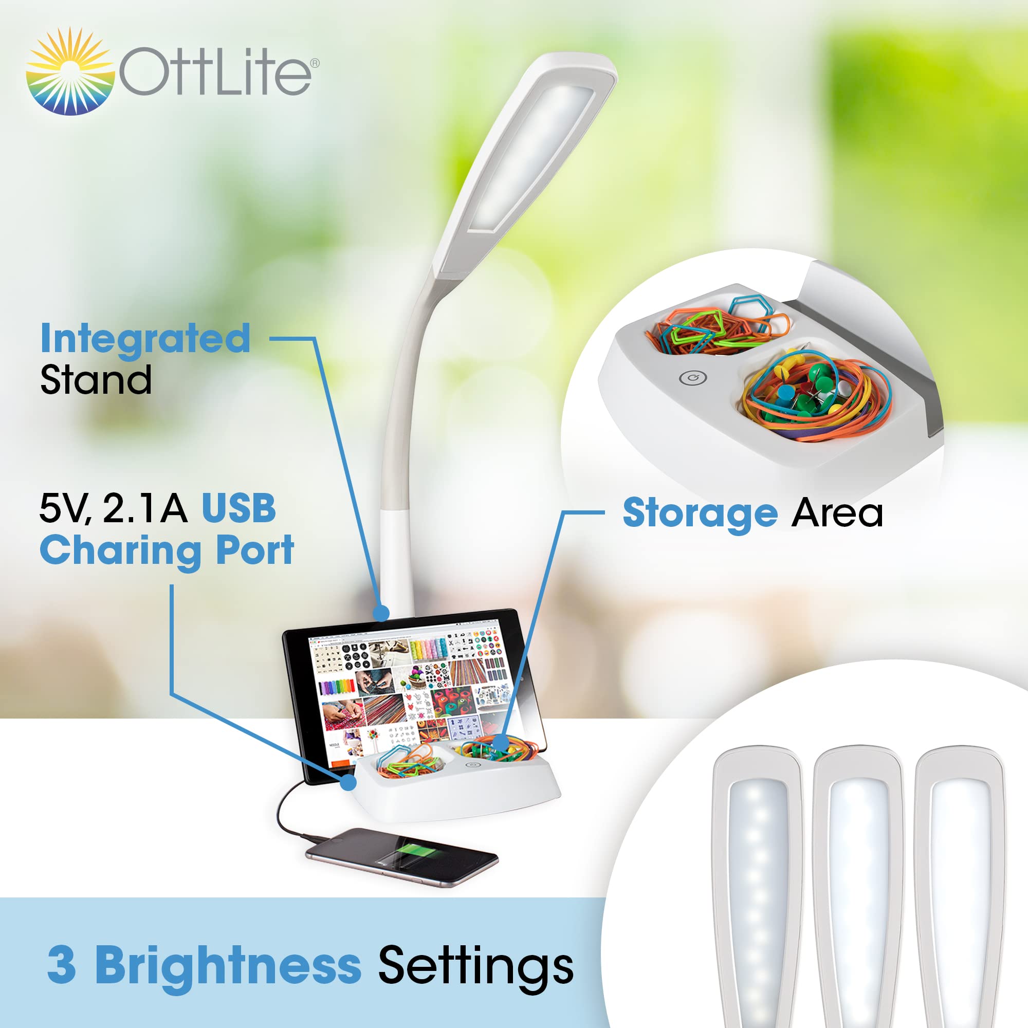 OttLite LED Desk Lamp with Tablet & Smart Phone Stand- ClearSun LED Technology - Desk Lamp with Storage Base, USB Charging Port, & Flexible Neck Height - for Tutorials, Crafting, Sewing & Working