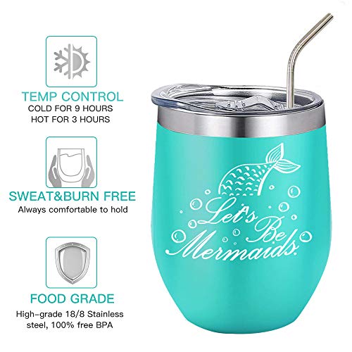 BOENFU Insulated Wine Tumbler, Friendship Gifts, Let's Be Mermaids Insulated Wine Tumbler, Birthday Gifts, Reusable Cup Personalized Gifts, 12oz, Mint Green