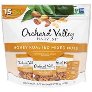 orchard valley harvest honey roasted mixed nuts, 1 ounce bags (pack of 15), almonds, peanuts, pecans, and cashews, gluten free, non-gmo, no artificial ingredients