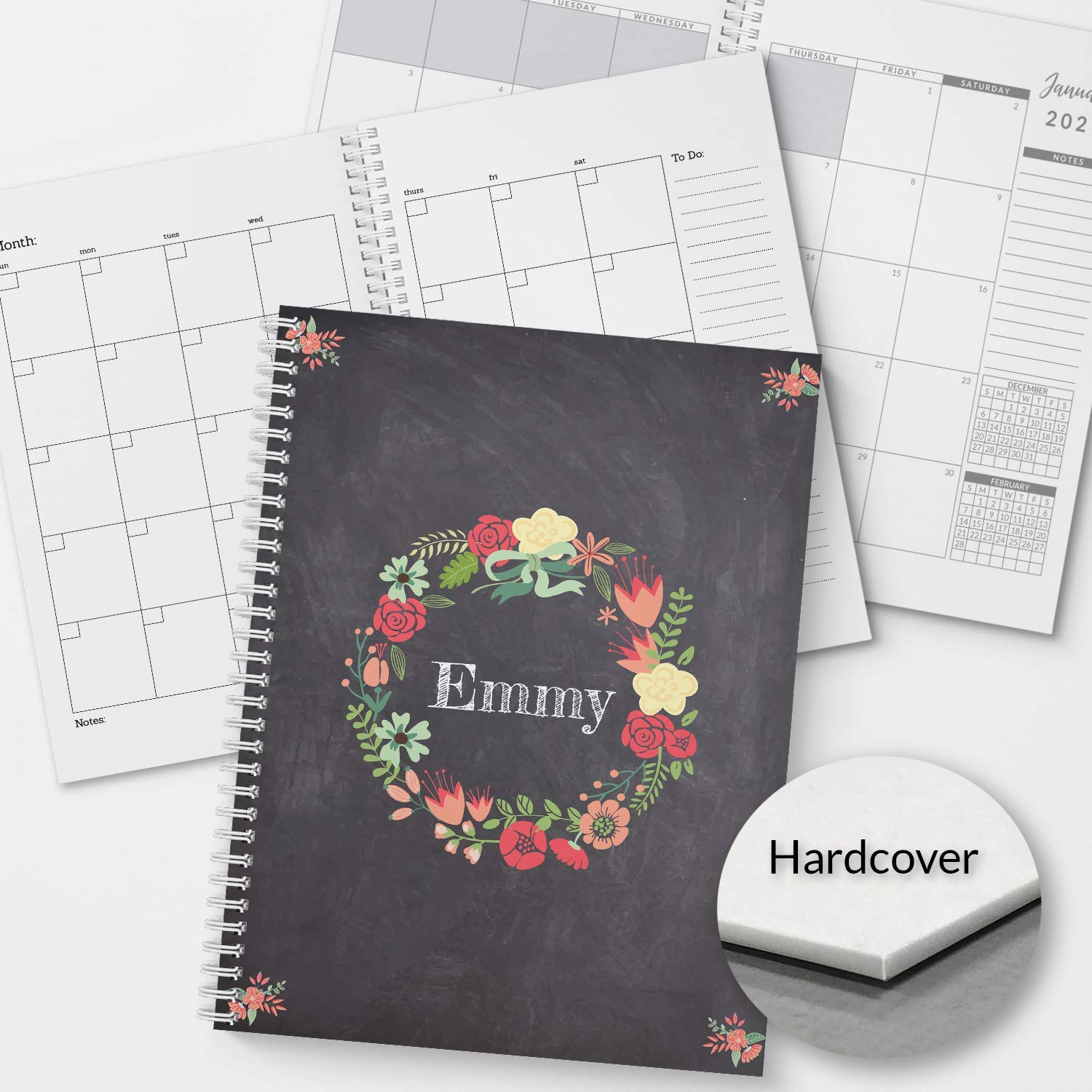 Floral Wreath Personalized Monthly and Weekly HARDCOVER Planner and Organizer, 1 full year, DATED or UNDATED OPTION, 8.5" x 11", lay flat wire-o spiral binding