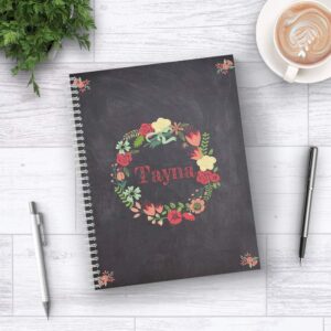 Floral Wreath Personalized Monthly and Weekly HARDCOVER Planner and Organizer, 1 full year, DATED or UNDATED OPTION, 8.5" x 11", lay flat wire-o spiral binding