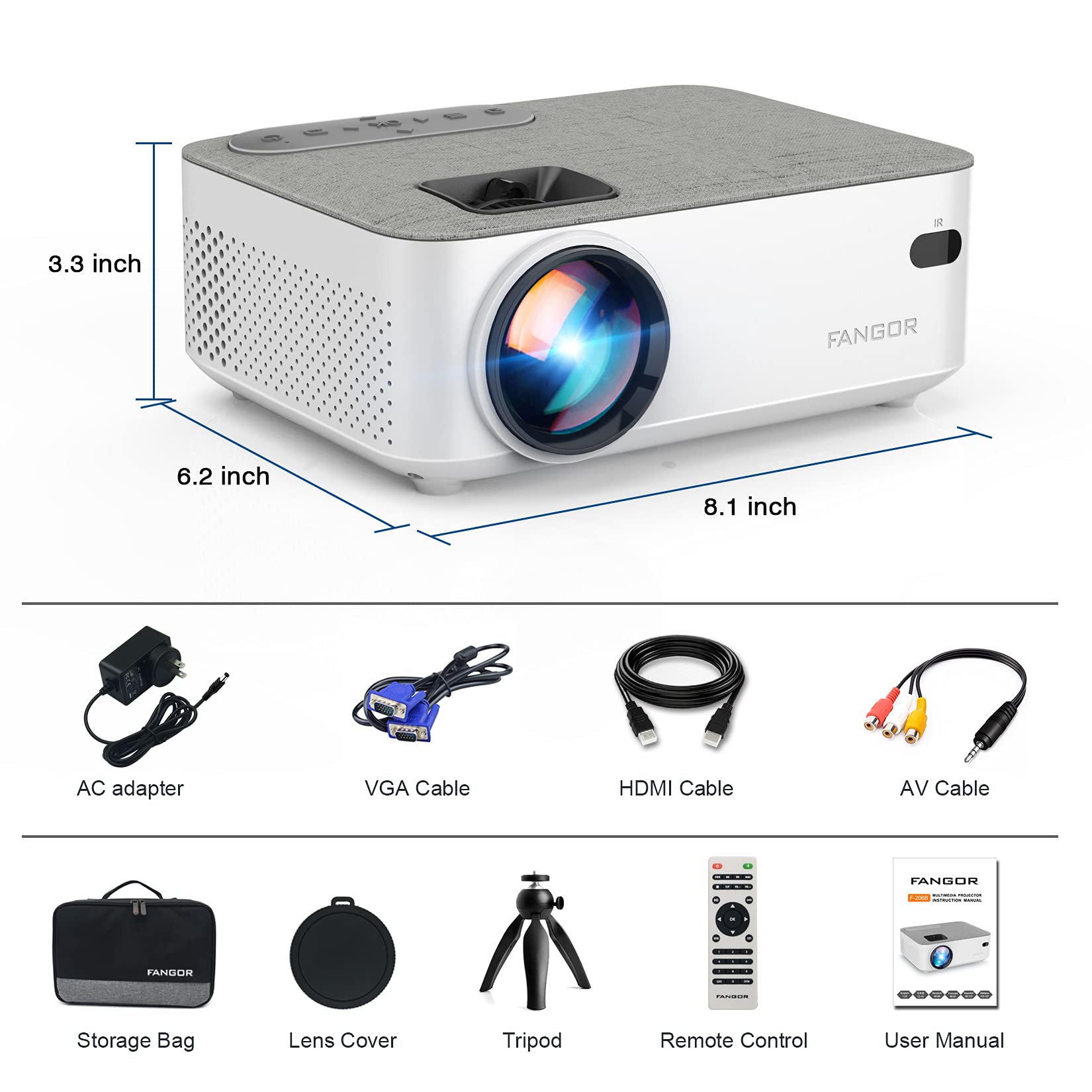 FANGOR Mini WiFi Projector, Full HD 1080P Supported Portable Video Projector Compatible with Bluetooth, TV Stick, HDMI, VGA, USB, Laptop, iOS Android Smartphone, Home Movie Projector