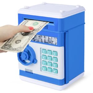 safe coin bank birthday gift toys for 3-12 year old girl boy, refasy children fun toys 8-12 kids atm machine with card money for cash electronic banks box blue