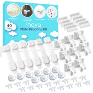 inaya complete baby proofing kit - child safety hidden locks for cabinets & drawers, adjustable safety latches, corner guards and outlet covers - baby proof pack to keep your child safe at home