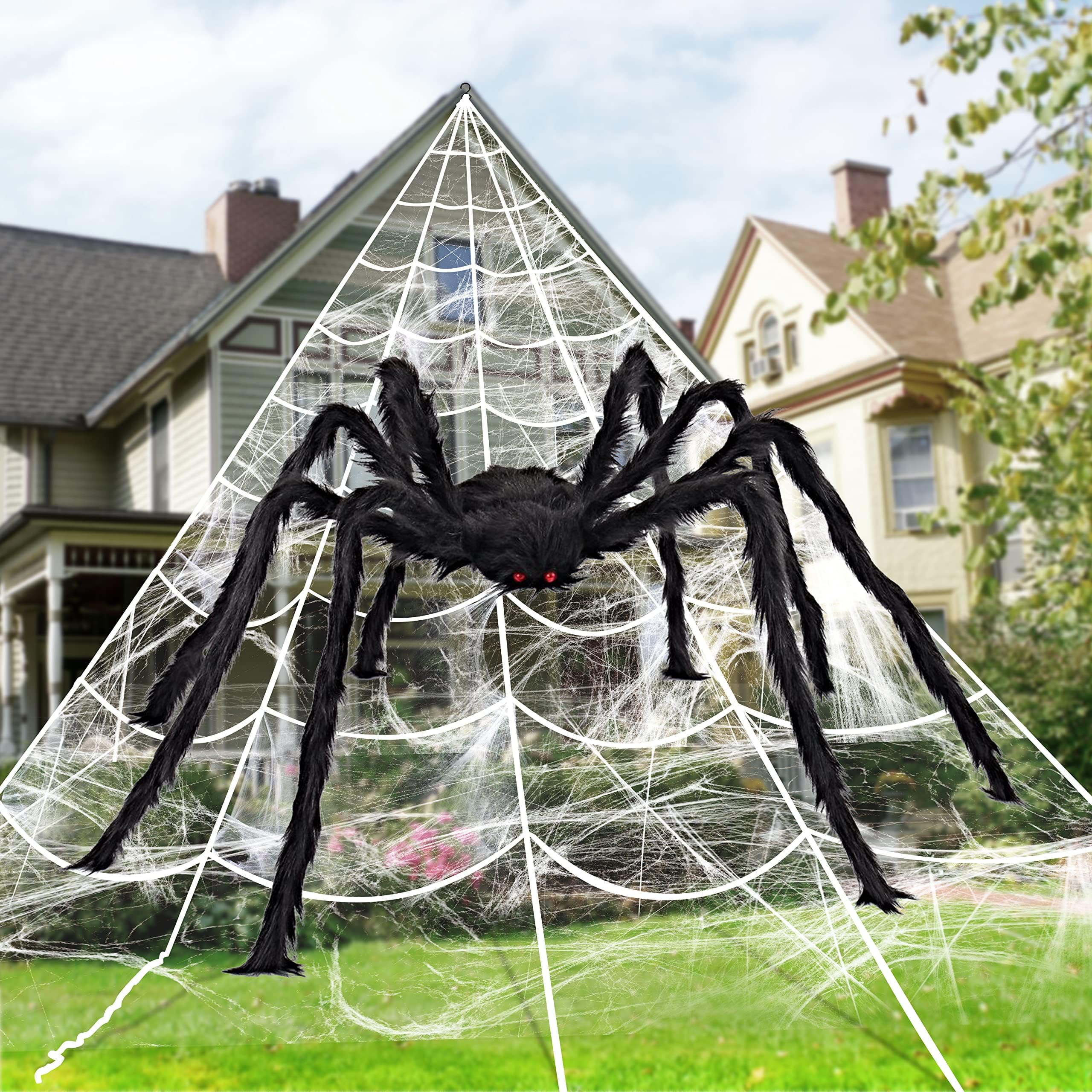 JOYIN 400‘’ Halloween Triangular Spider Web with 63‘’ Giant Scary , 23 x 18 ft and 120g Stretch Cobweb for Outdoor Decorations Yard Haunted House Décor