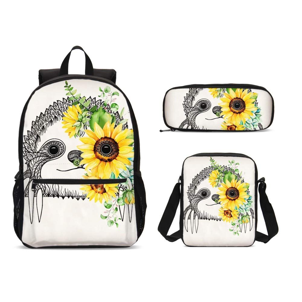 DuJiea Sloth Sunflower Kids Backpack Set 3 Piece Student Back To School Book Bag with Shouder Bag Pencil Case Box for Boys Girls 1-6th Grade