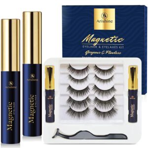 5 pairs reusable magnetic eyelashes and 2 tubes of magnetic eyeliner kit, upgraded 3d magnetic eyelashes kit with tweezers inside, magnetic eyeliner and magnetic eyelash kit - no glue needed