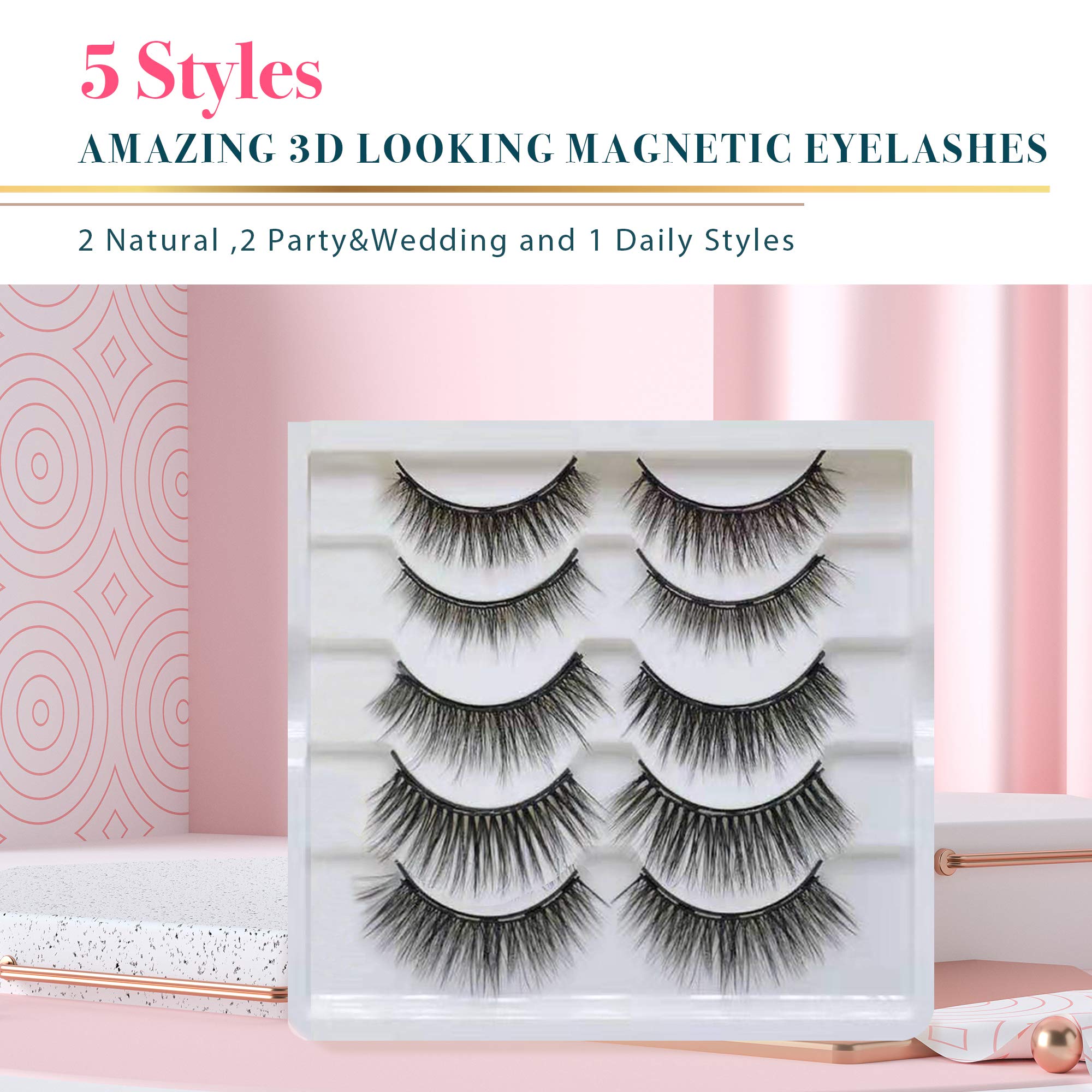 5 Pairs Reusable Magnetic Eyelashes and 2 Tubes of Magnetic Eyeliner Kit, Upgraded 3D Magnetic Eyelashes Kit With Tweezers Inside, Magnetic Eyeliner and Magnetic Eyelash Kit - No Glue Needed