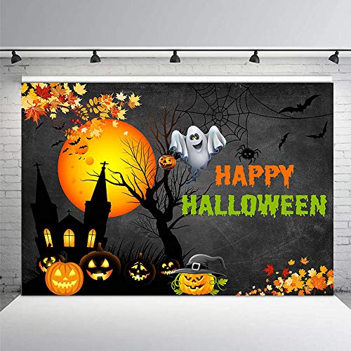 MEHOFOTO Happy Halloween Backdrops for Photography Pumpkin Ghost Halloween Eve Maple Leaves Full Moon Banner Black Evening Birthday Party Decoration Photo Studio Booth Background Props7x5ft