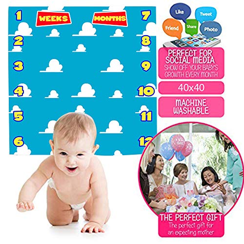 F-FUN SOUL Blue Sky White Clouds Baby Monthly Milestone Blanket 40x40in Nursery Blanket Baby Shower Age Growth Tracker with Bonus Marker LHFS981