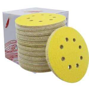 m-jump 100 pack 5 inch sanding discs, 80 grit hook and loop sandpaper for woodworking or automotive, 8 hole gold premium dustless random orbit sandpaper