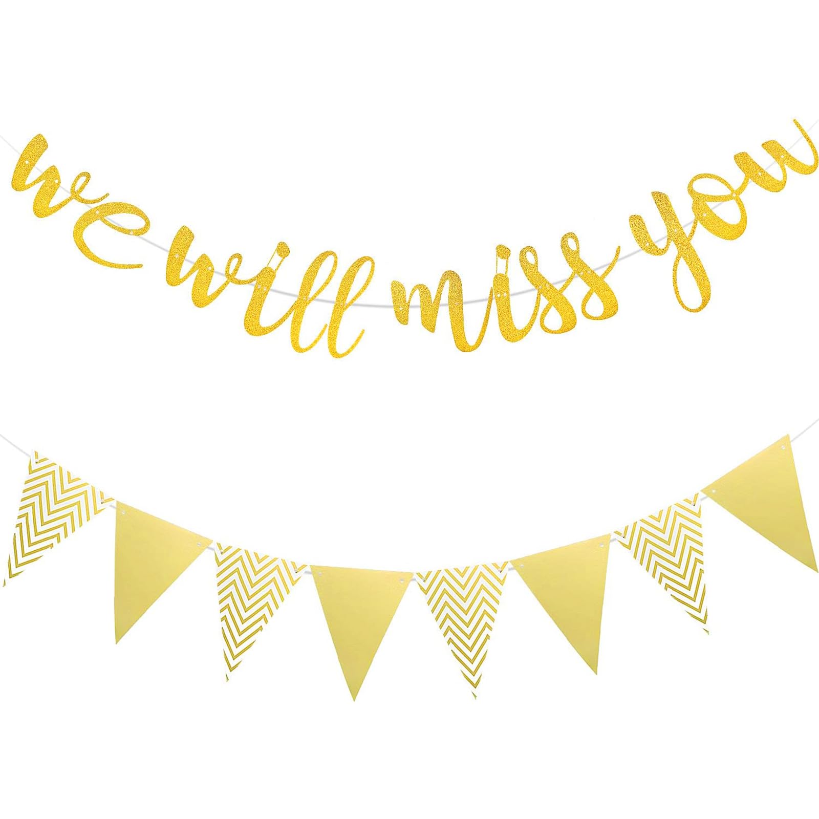 We Will Miss You Banner Gold Glitter Graduation Banner and Triangle Flag Banner for Retirement Farewell Office Going Away Work Party Decorations